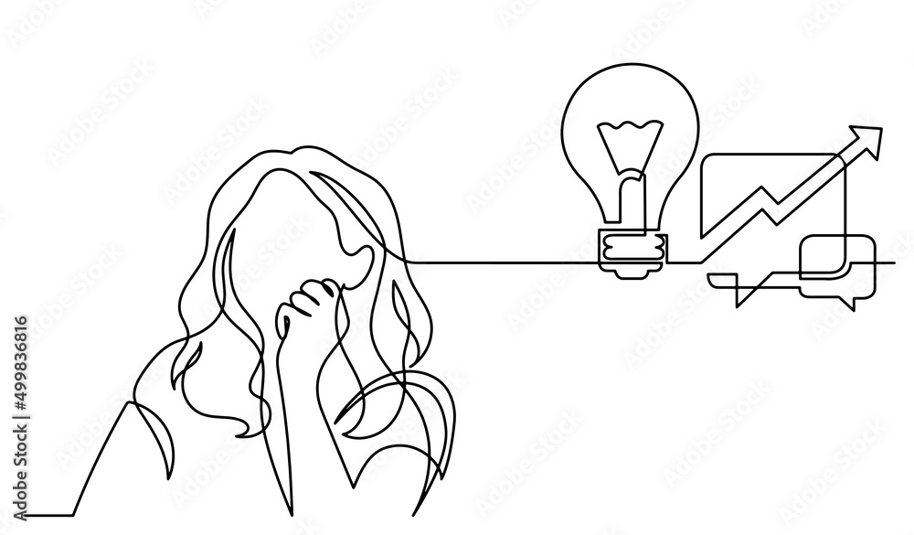 one line drawing of person thinking about idea solving problems finding ...