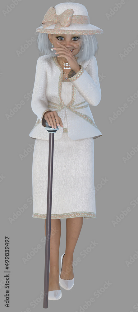 Flossy is an on the go senior woman with straight white hair and big ...