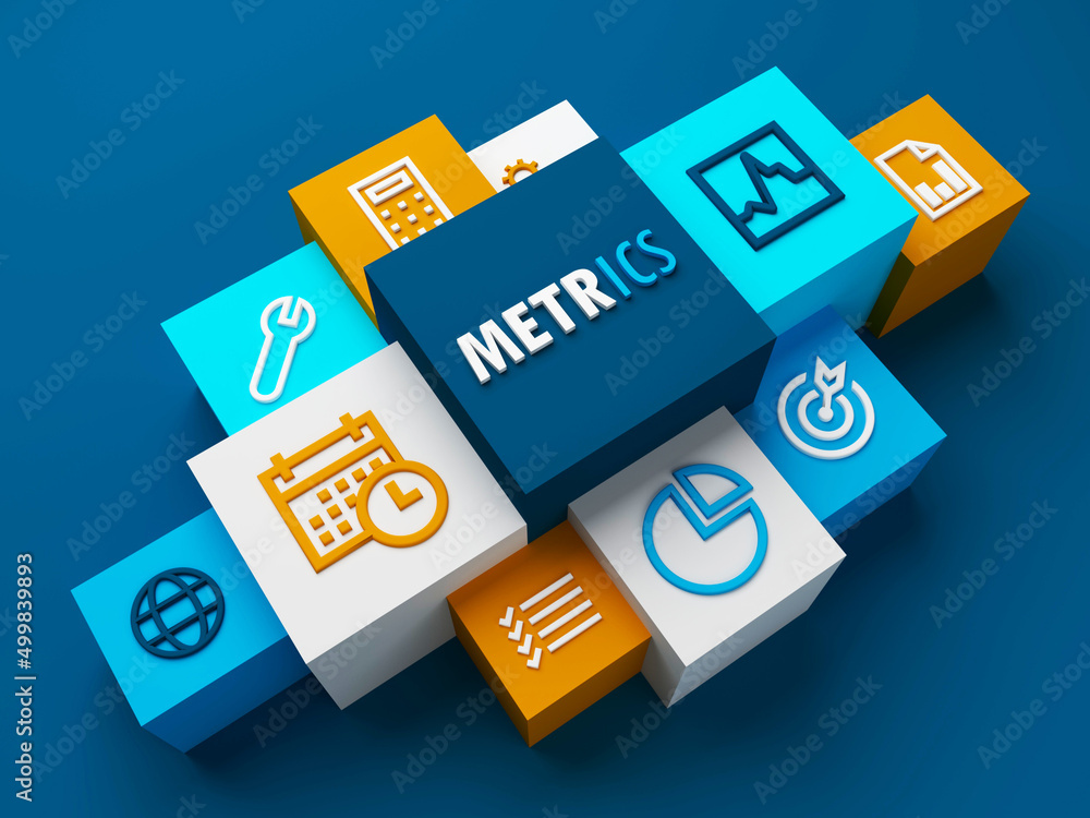 3D render of perspective view of METRICS business concept on dark blue ...