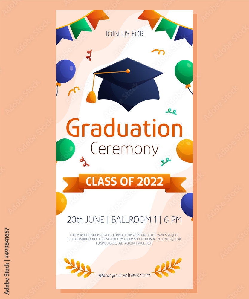 Graduation ceremony vertical banner with cap, balloon and garlands ...