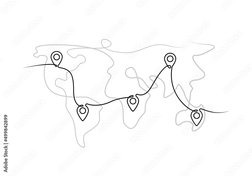 Location pointers on world map one line drawing. Location pins on map ...
