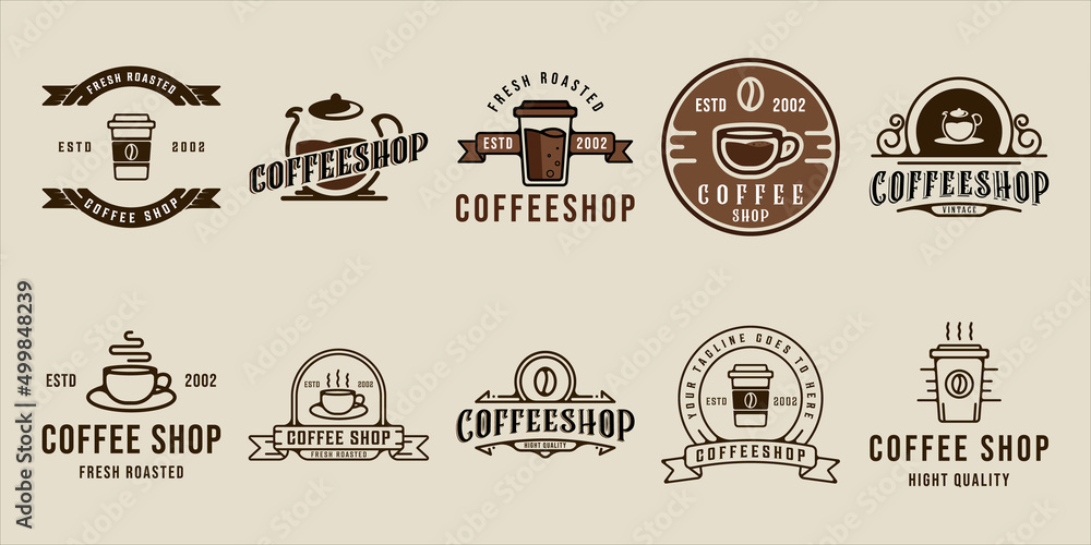 set of coffee shop logo line art vector vintage illustration template ...
