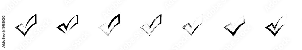 Sketch grunge checkmarks. Grungy checkmark vector icon set. Black ticks ...
