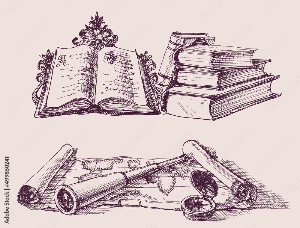 Study geography objects and exploration drawings. Stack of books, old ...