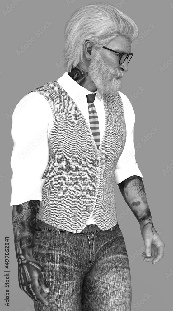 Close-up monochrome portrait of Marco, a 3D illustration computer ...