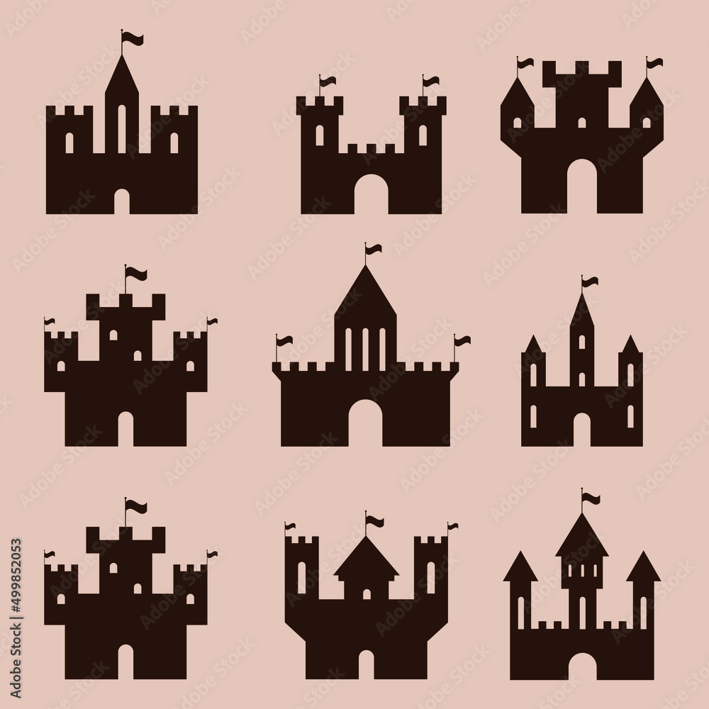Historic vector castle. Set of medieval buildings. Vintage towers and ...