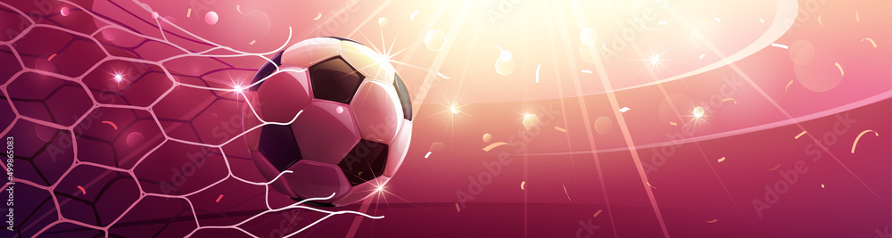 Realistic soccer ball hitting the net. Football championship in the ...