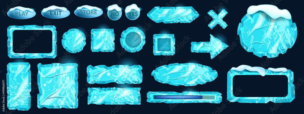 Ice game button vector set, frozen winter UI icon kit, cartoon crystal ...