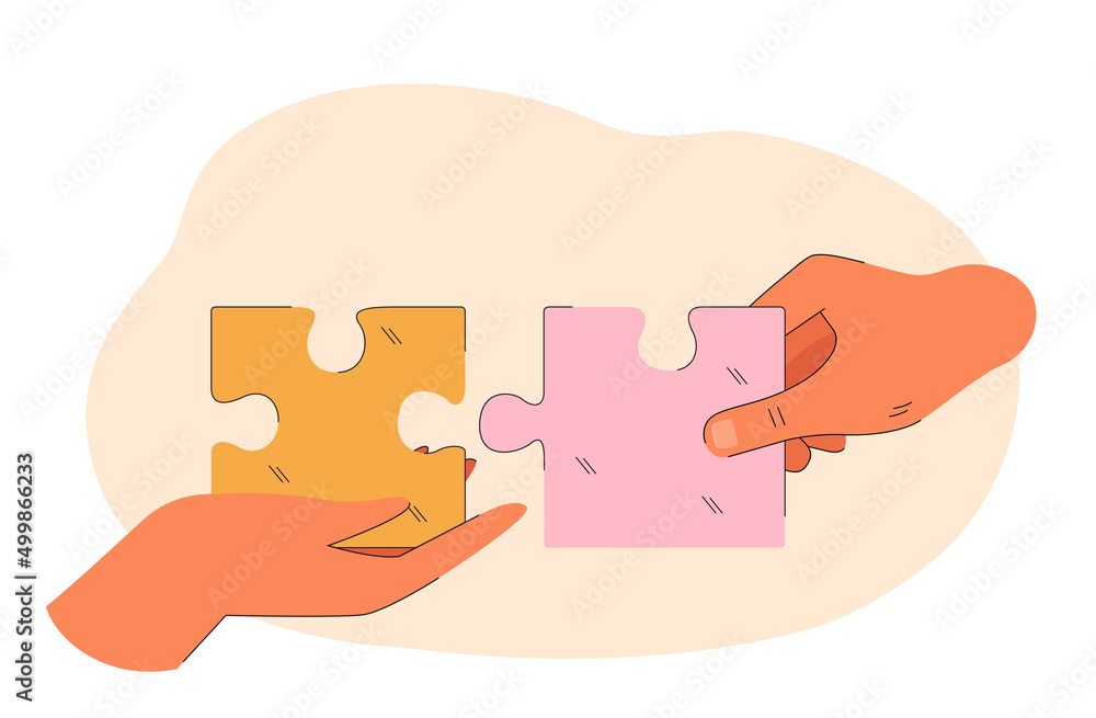 Hands holding and connecting two puzzle pieces together. People finding solution to problem flat ...