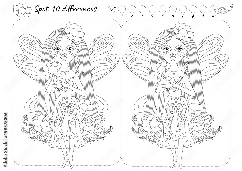 Spot Find the ten differences picture puzzle and coloring page with a ...