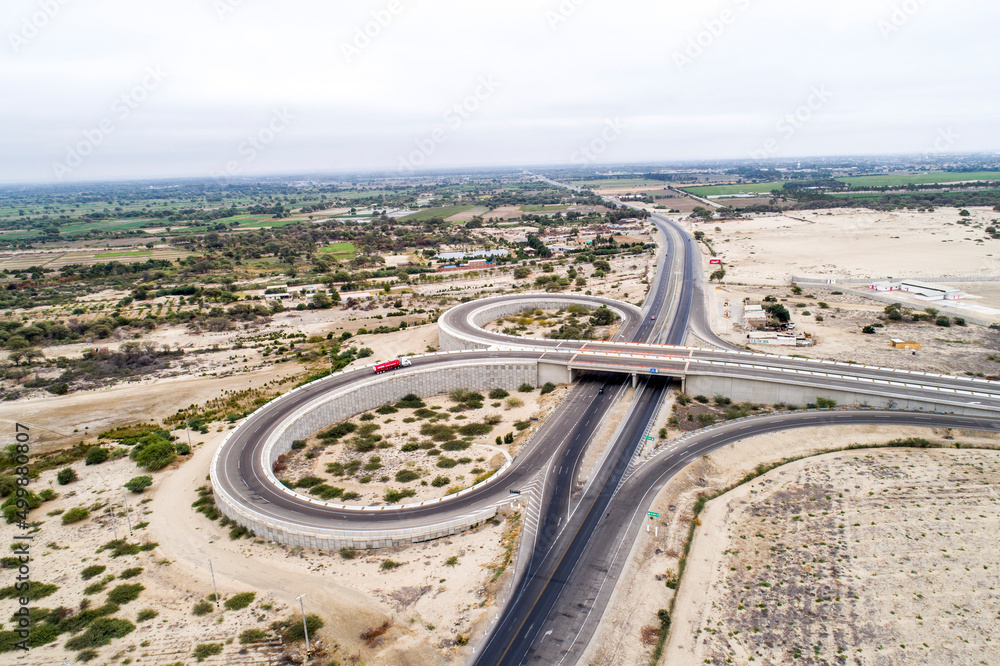 Piura, Lambayeque, Peru: aerial view of the Olmos road interchange ...