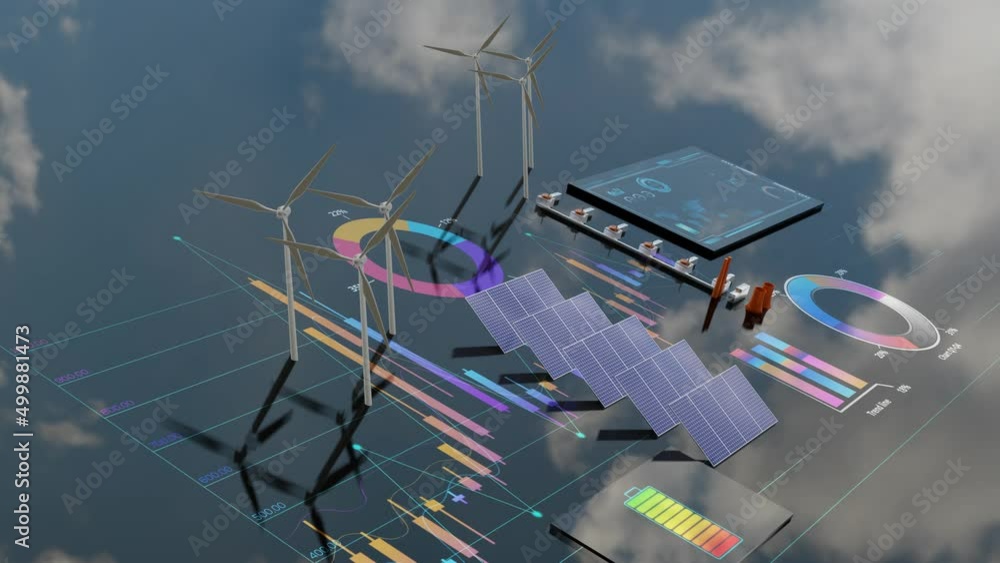Solar panel, wind turbine and nuclear power green energy concept ...