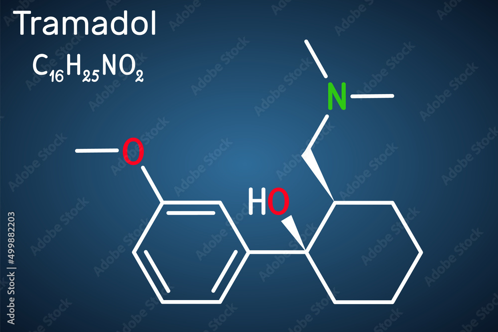 Tramadol molecule. It is synthetic psychotropic opioid analgesic, used ...