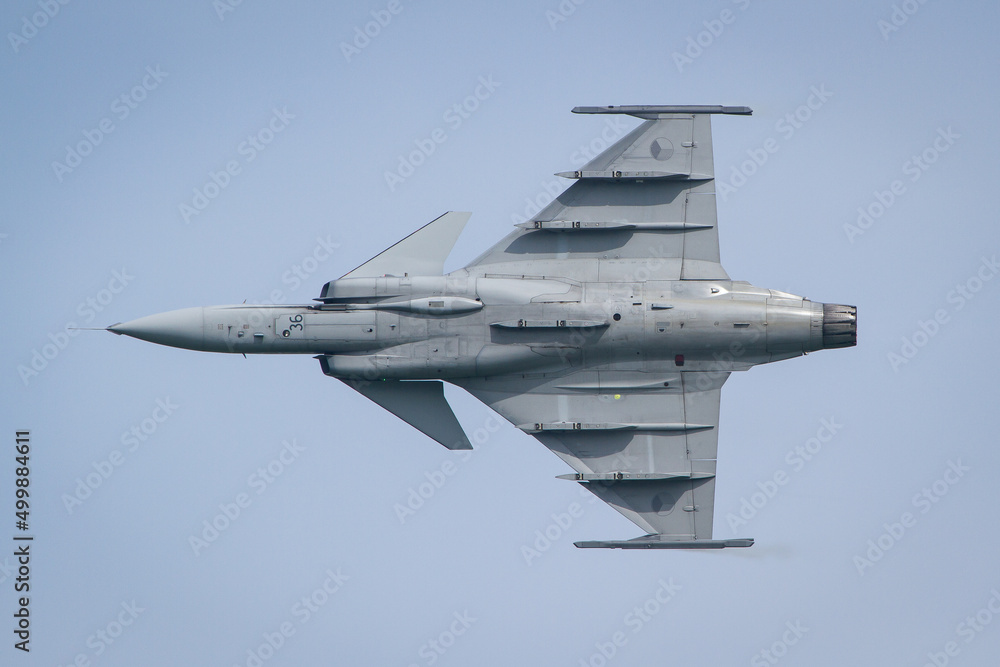 Czech Air Force Saab Gripen fighter jet showing its belly at an airshow ...
