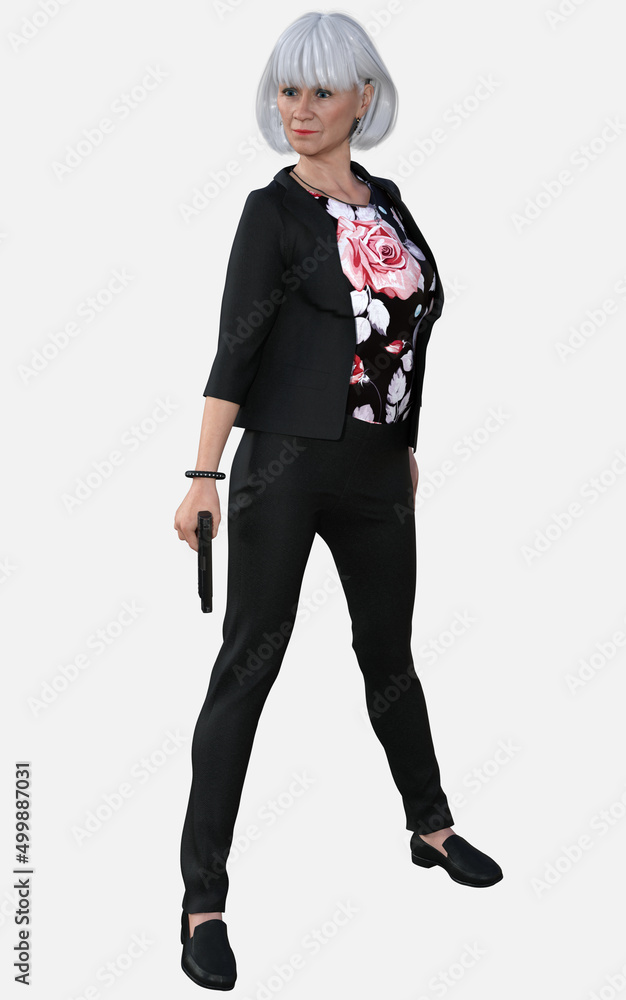 Susan is an on-the-go white-haired woman standing on an isolated white ...