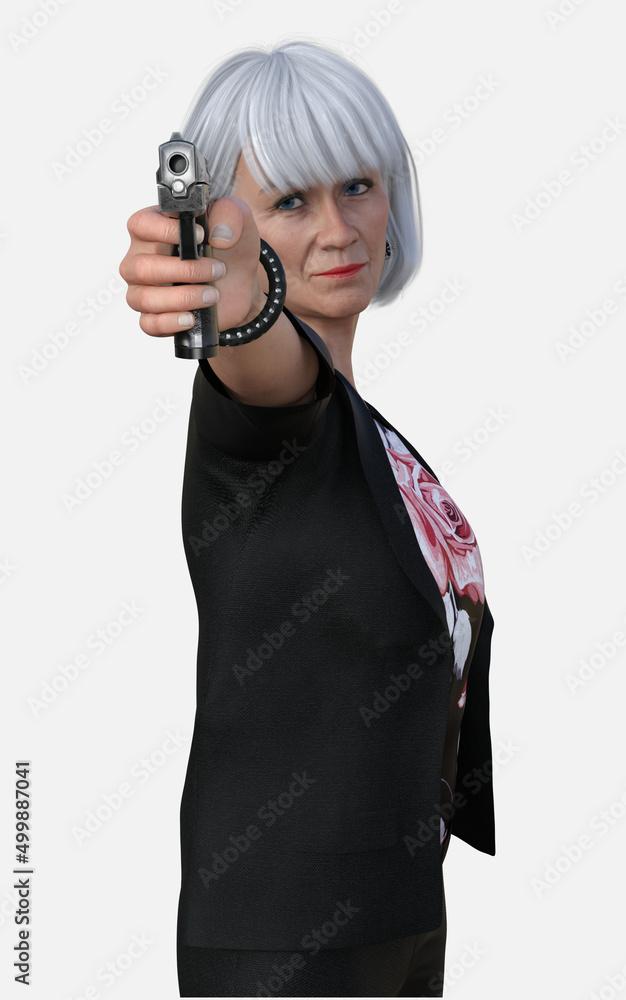 Susan is an on-the-go white-haired woman standing on an isolated white ...