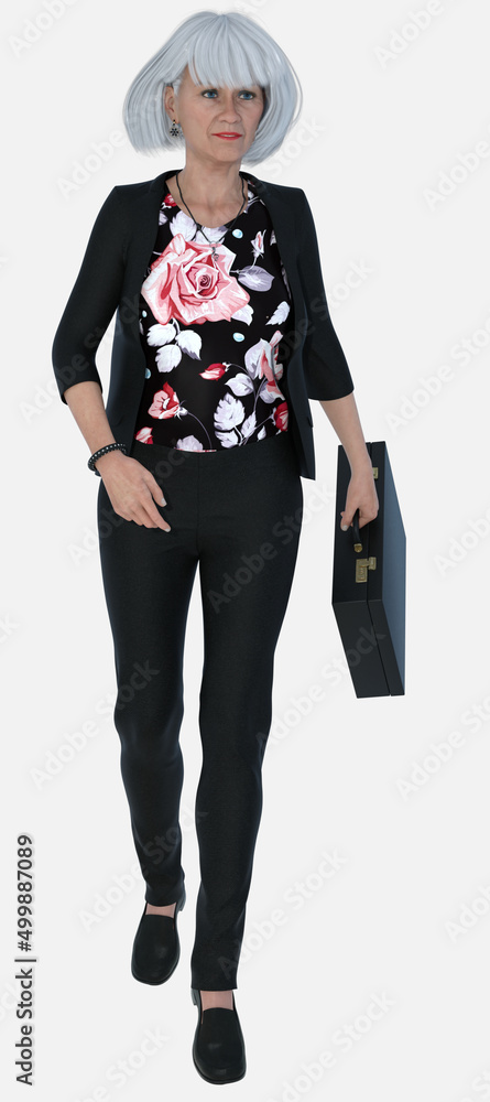 Susan is an on-the-go white-haired woman standing on an isolated white ...