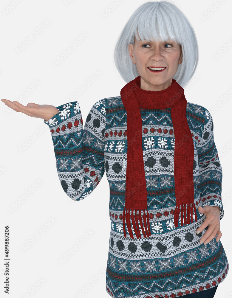 Susan is an on-the-go white-haired woman standing on an isolated white ...