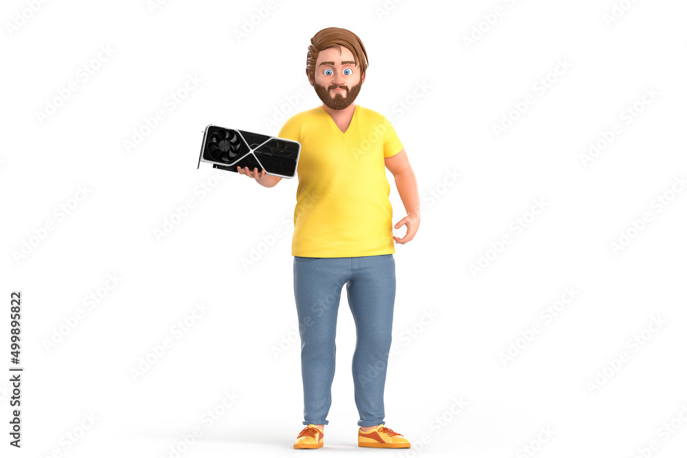 Guy holding computer graphic GPU video adapter card. Isolated on white ...