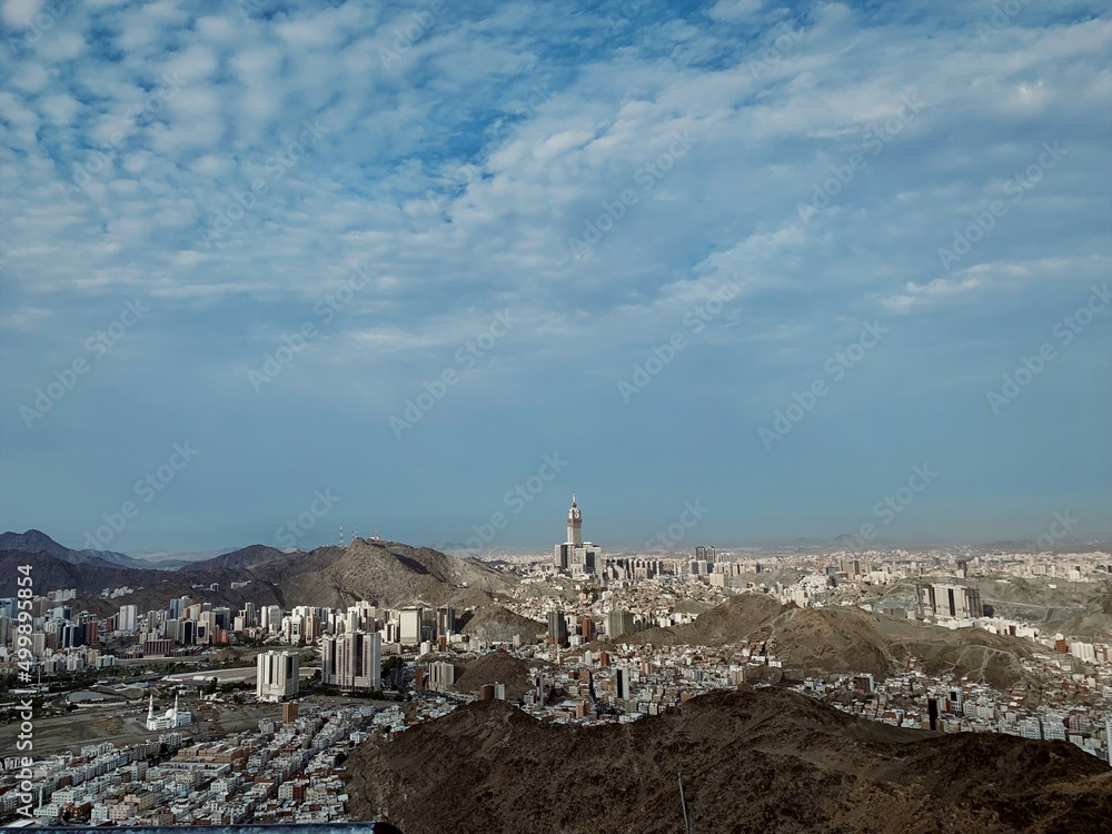 Mecca city downtown skyline view from Mountain (Jabal al-Noor), Clock ...