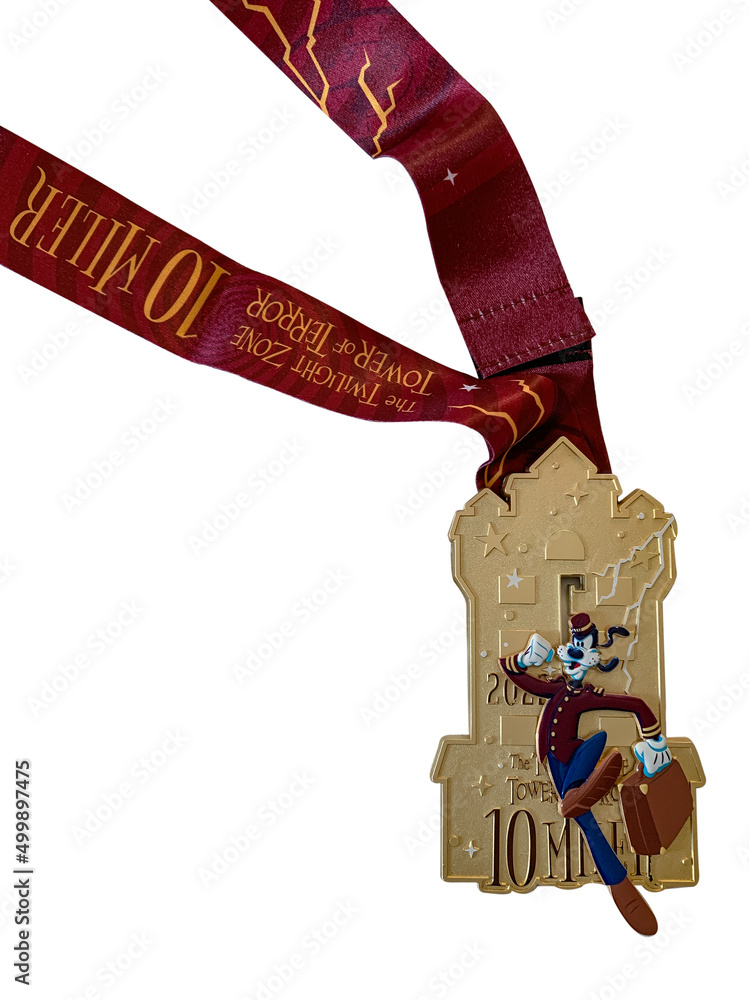 The medal from the Goofy Tower of Terror 10 miler RunDisney 2022 race ...