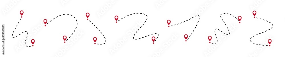 Travel path set. Line path collection. Way and location pointers. Black ...