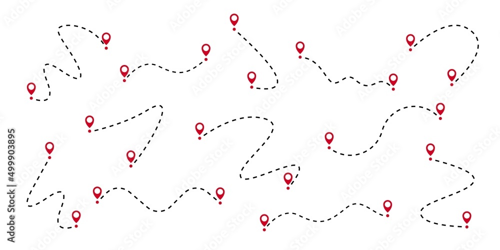 Black dotted line path with red location pin pointers. Travel path set. Line path collection ...