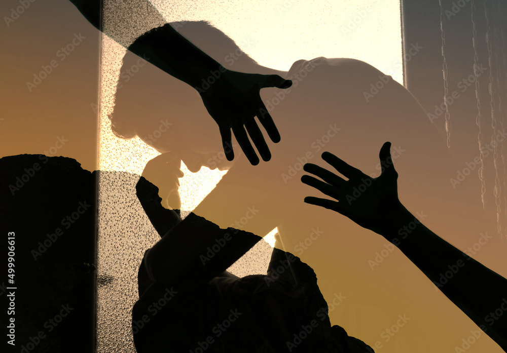 Helping hand to person in need. Sad young man suffering from depression ...