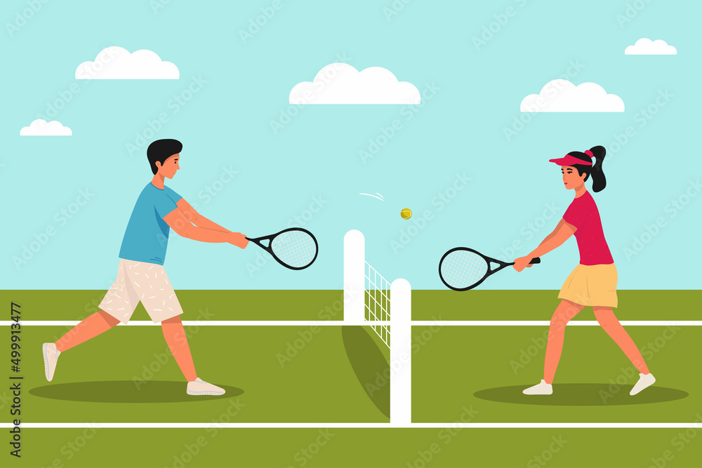 Vector illustration of an active man and woman playing tennis on a ...