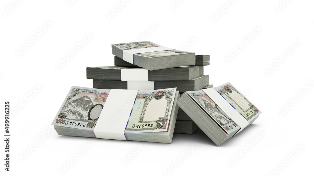 3d rendering of Stack of Nepalese rupee notes. bundles of Nepalese ...