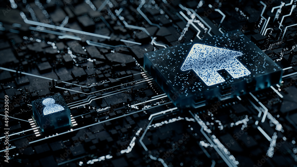 Internet Technology Concept with home symbol on a Microchip. White Neon ...