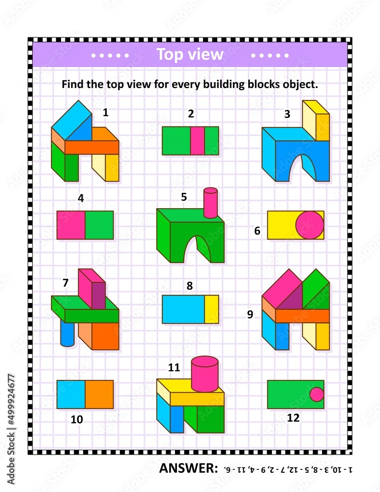 Educational math puzzle: Find the top view for every building blocks object. Answer included ...