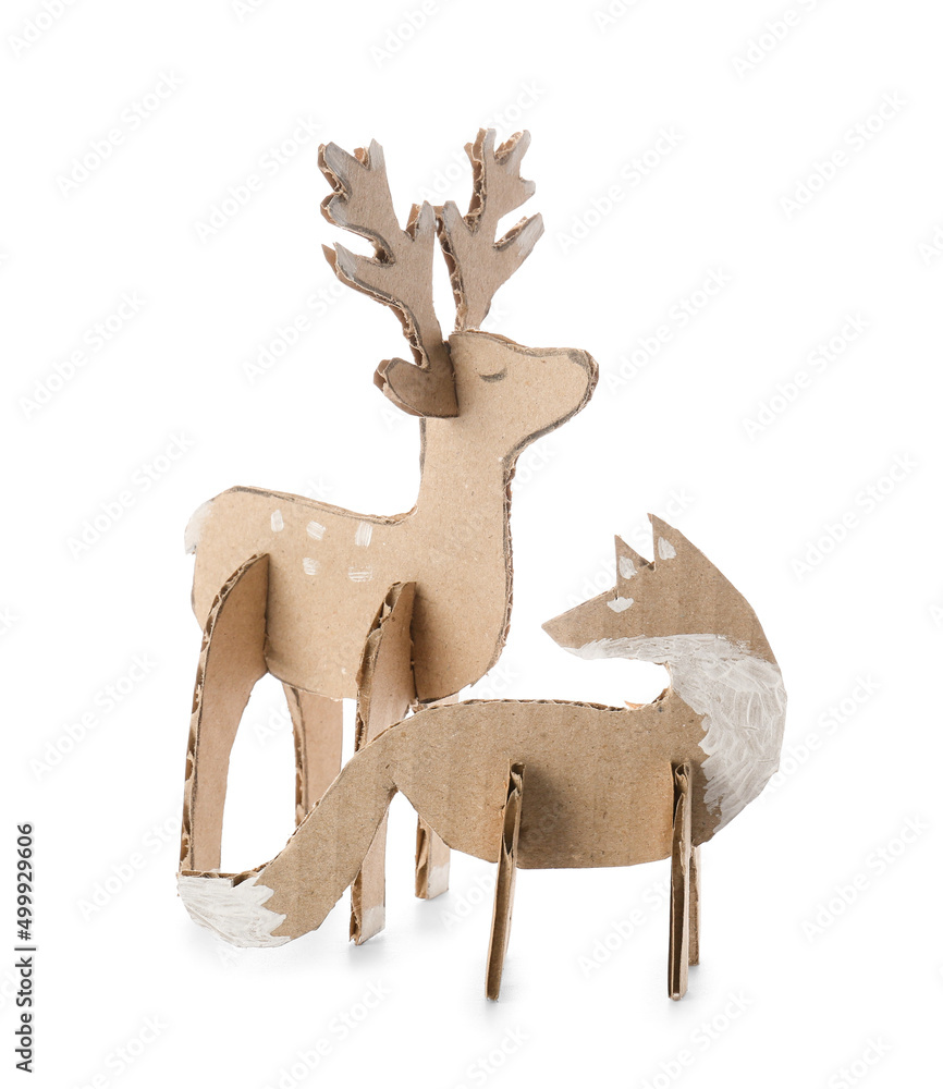 Handmade cardboard fox and reindeer toys on white background Stock ...