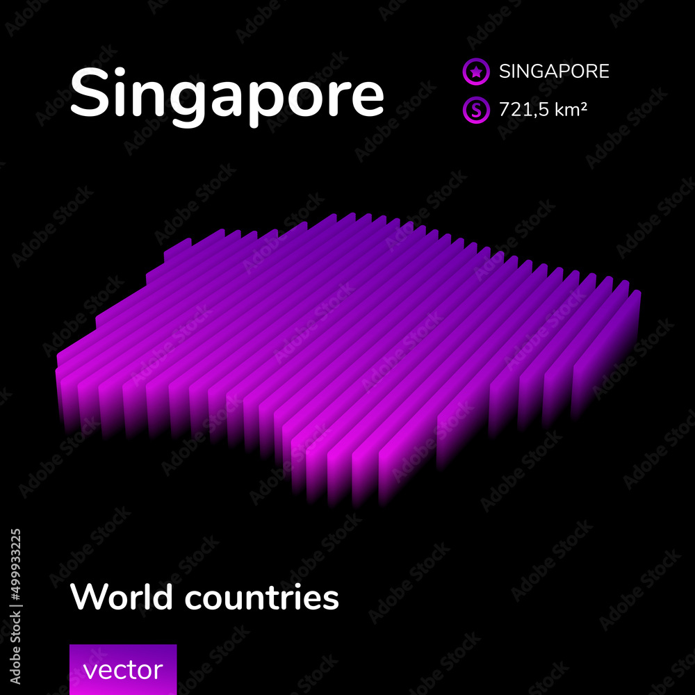 Singapore 3D map. Stylized neon simple digital isometric striped vector ...