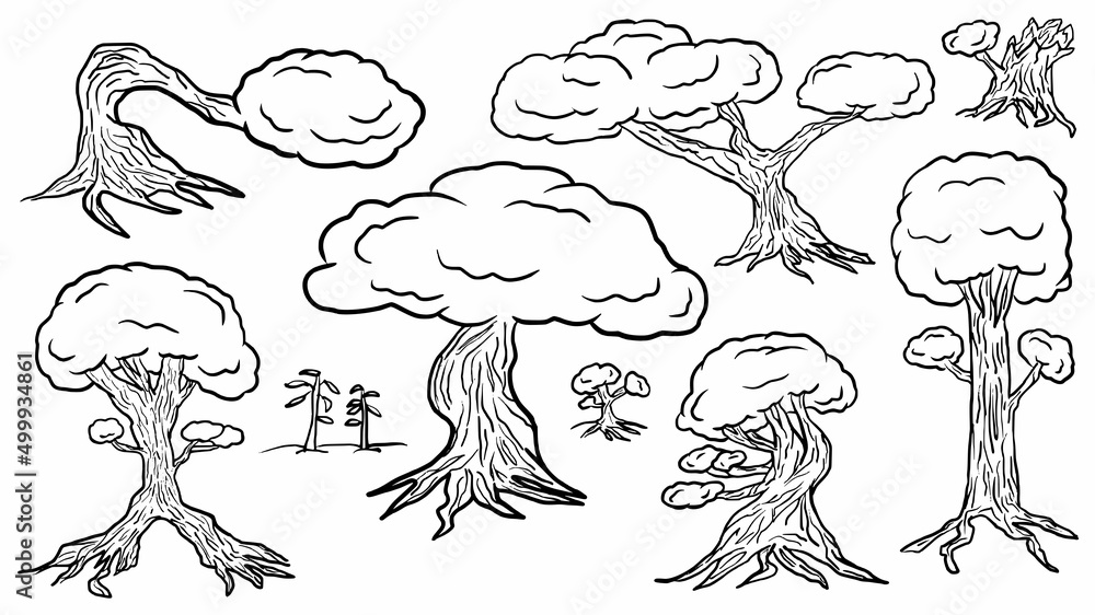 trees concept art hand drawn doodle vector outline template collection ...