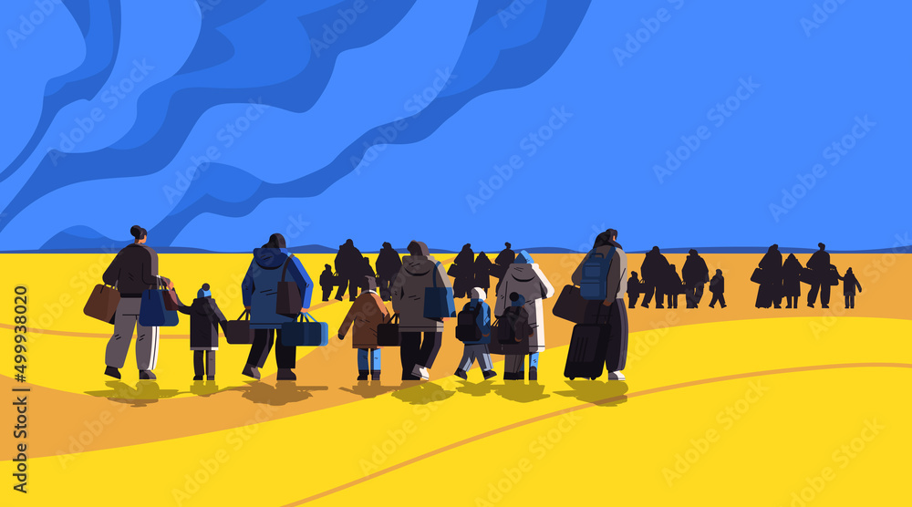Ukrainian refugees with things fleeing russian aggression against ...