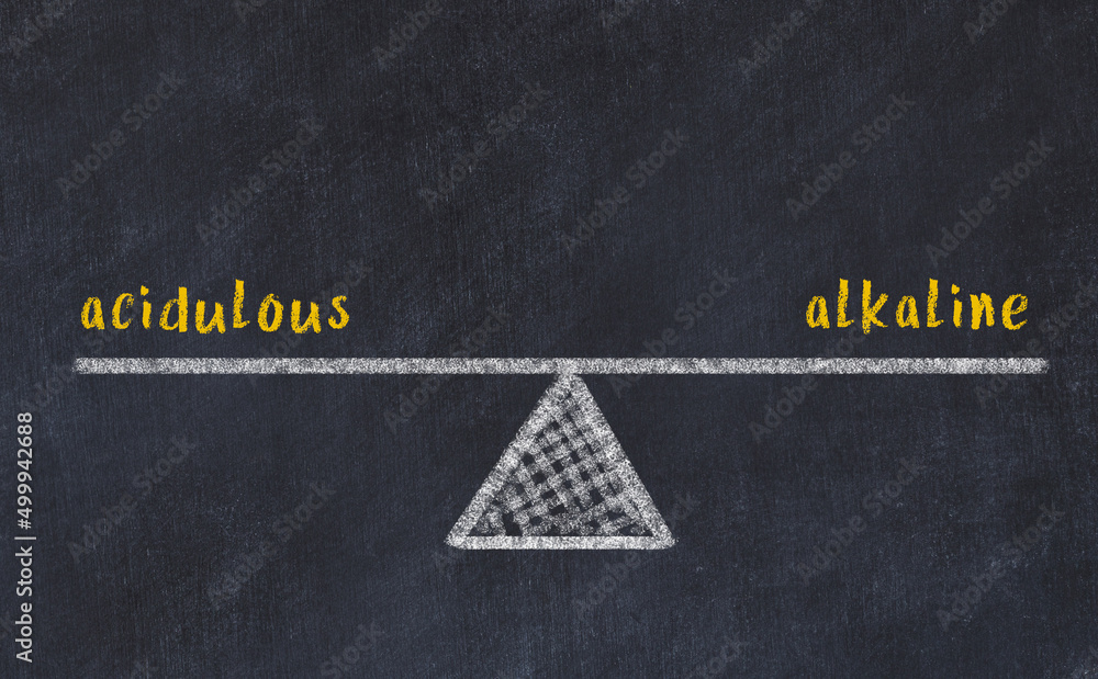 Chalk drawing of scales with words acidulous and alkaline. Concept of ...