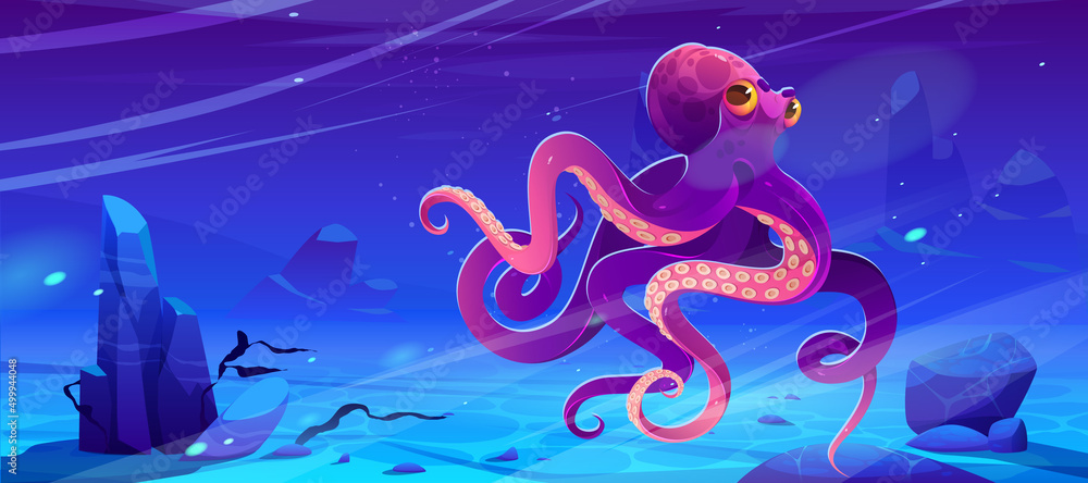Giant octopus swim under water in ocean. Vector cartoon illustration of ...