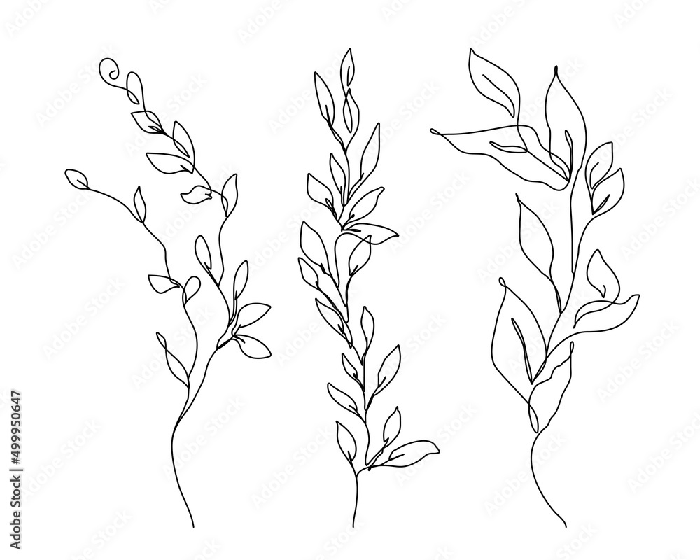 Leaves Line Art Vector Illustrations Set for Prins, Social Media, Icons ...