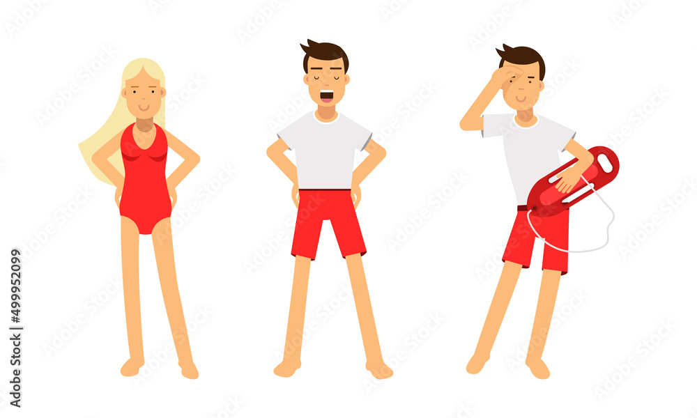 Lifeguards in red uniform set. Professional rescuers working at the ...