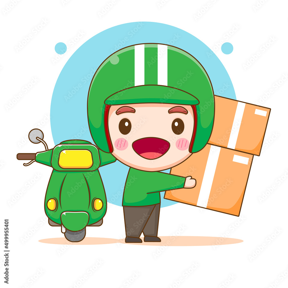 Cute delivery man handover to customer. Cartoon illustration of chibi ...