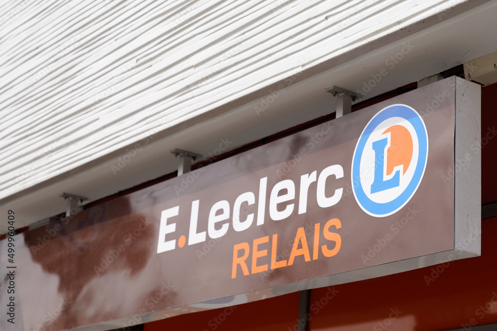 E.leclerc relais text logo and brand sign on building facade shop ...