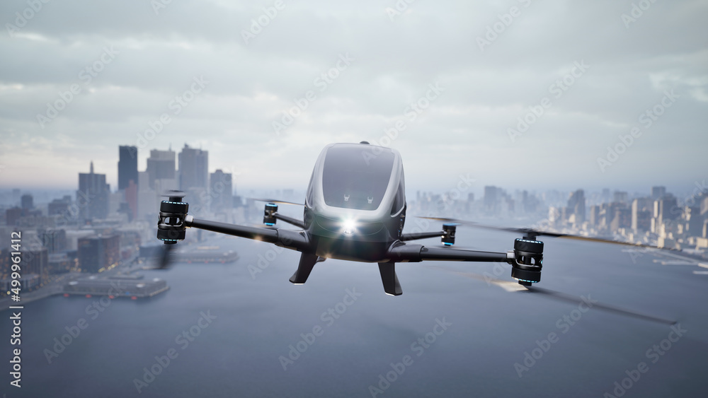 Autonomous driverless aerial vehicle fly across city, 3d render Stock ...