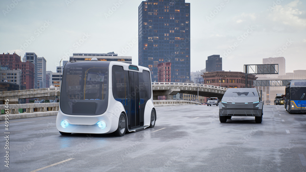 Autonomous electric bus self driving on street, Smart vehicle ...