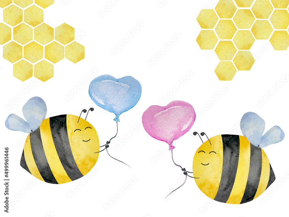 Set of watercolor cute bees with flight path, honey, summer theme. Girl ...