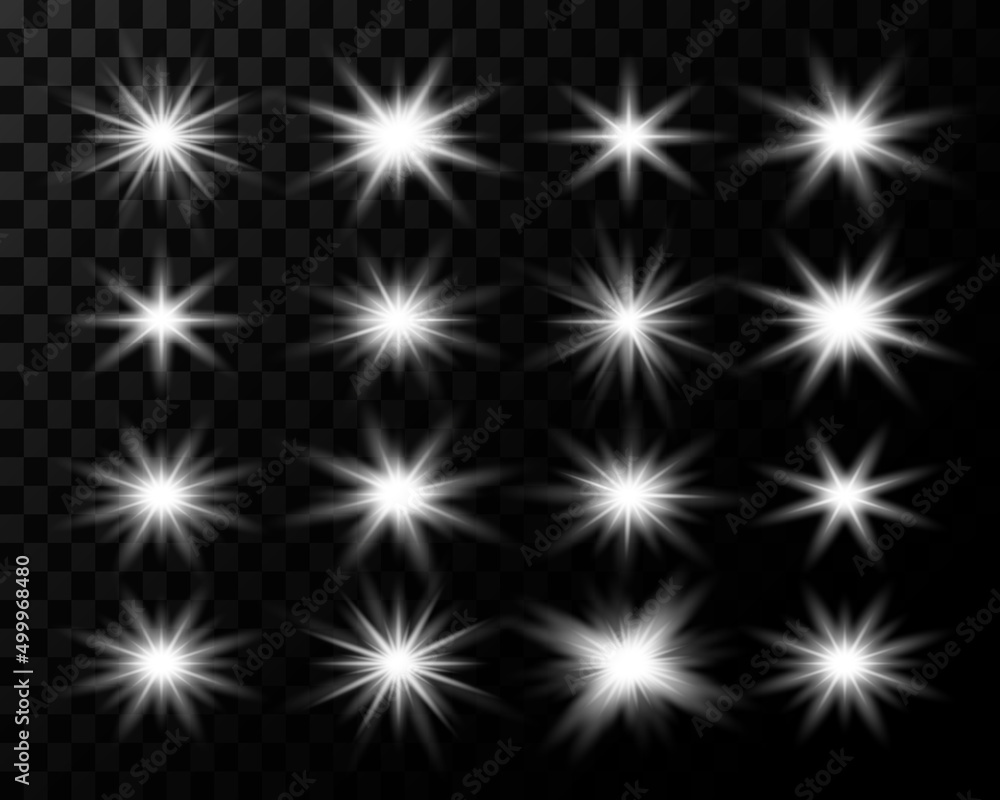 Set of silver stars, vector flashes with light on a transparent ...