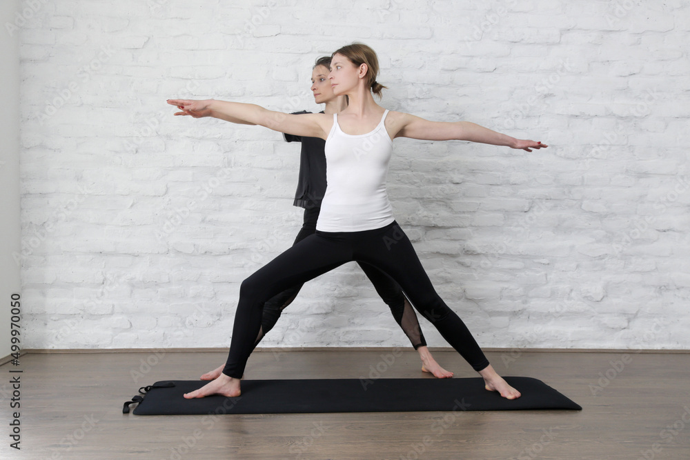 Private yoga class. Young woman practicing stretching yoga positions ...