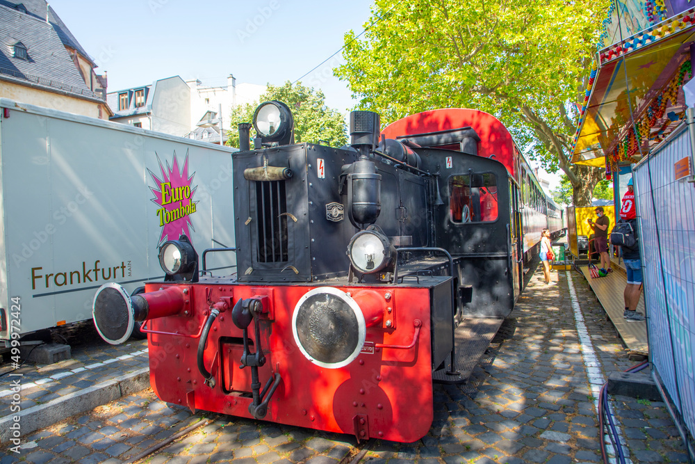 old historic train operates in the Nizza area, the Main river promenade ...