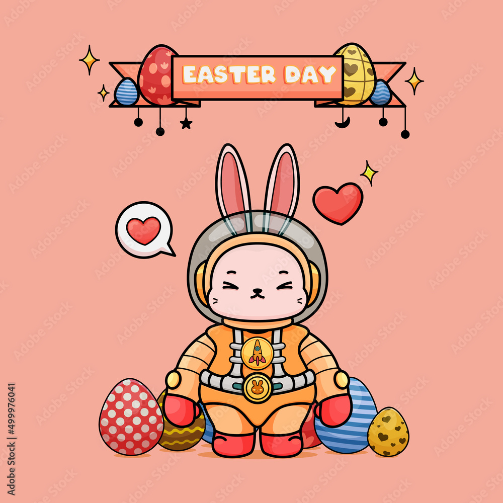 Celebrating Easter, doddle bunny mascot with an outline, in a kawaii ...