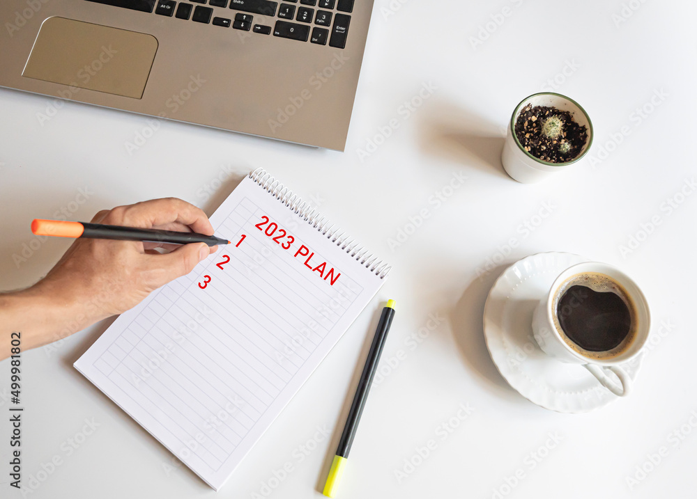 new year plan. 2023 Plans. notebook, keyboard, flower, coffee and pen ...
